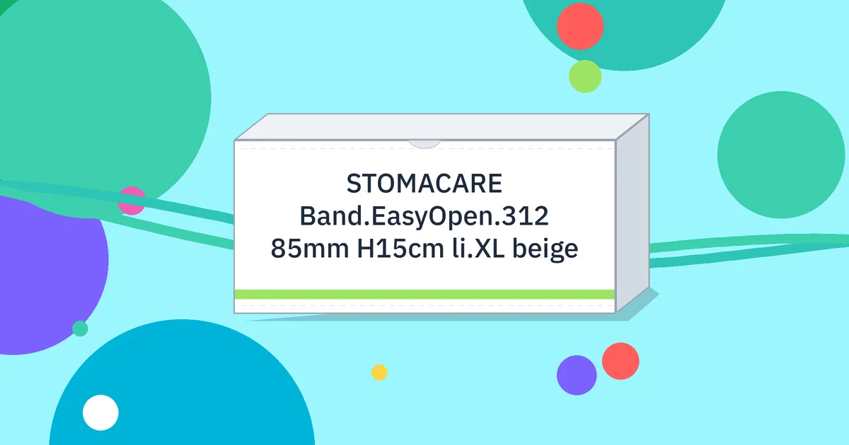 Symbolbild: Packung mit der Aufschrift STOMACARE Band.EasyOpen.312 85mm H15cm li.XL beige (PZN 09437879) – Verfügbarkeit und Bezug in Apotheken in Frankfurt am Main