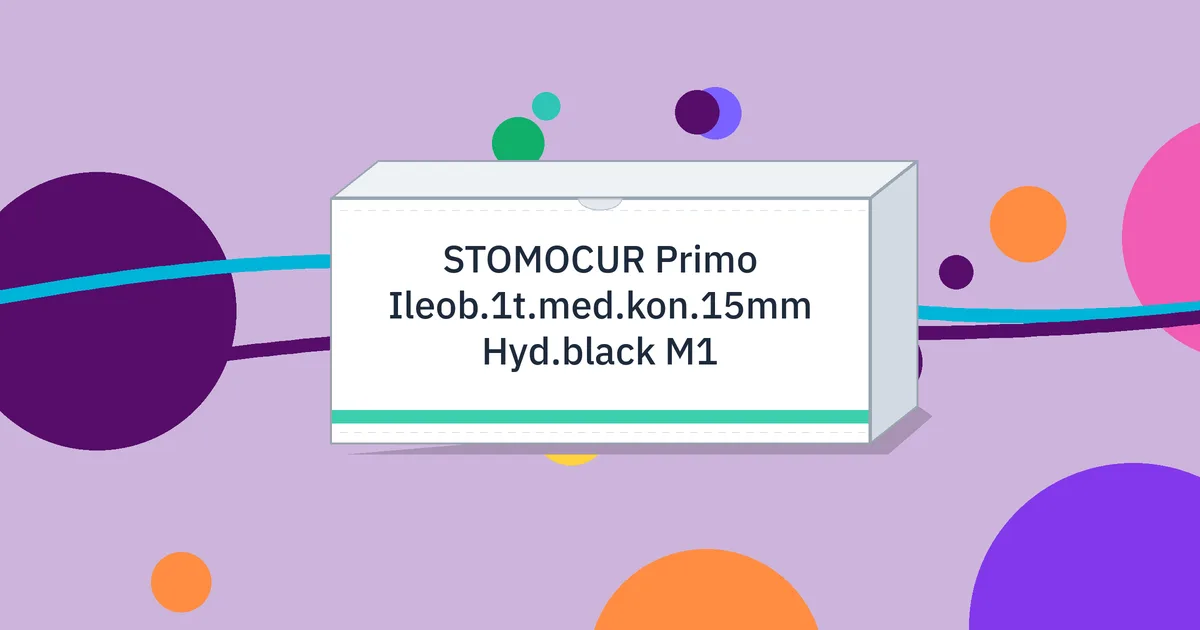 Symbolbild: Packung mit der Aufschrift STOMOCUR Primo Ileob.1t.med.kon.15mm Hyd.black M1 (PZN 19536660) – Verfügbarkeit und Bezug in Apotheken in Frankfurt am Main
