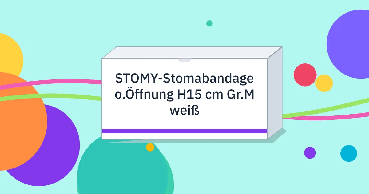 Symbolbild: Packung mit der Aufschrift STOMY-Stomabandage o.Öffnung H15 cm Gr.M weiß (PZN 16751300) – Verfügbarkeit und Bezug in Apotheken in Frankfurt am Main
