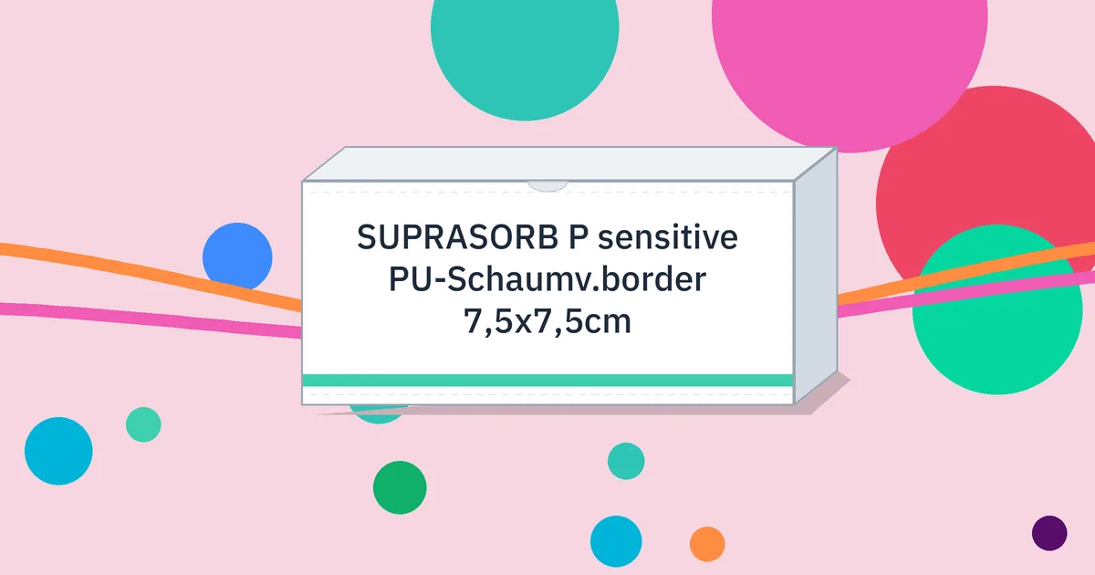 Symbolbild: Packung mit der Aufschrift SUPRASORB P sensitive PU-Schaumv.border 7,5x7,5cm (PZN 20009517) – Verfügbarkeit und Bezug in Apotheken in Frankfurt am Main
