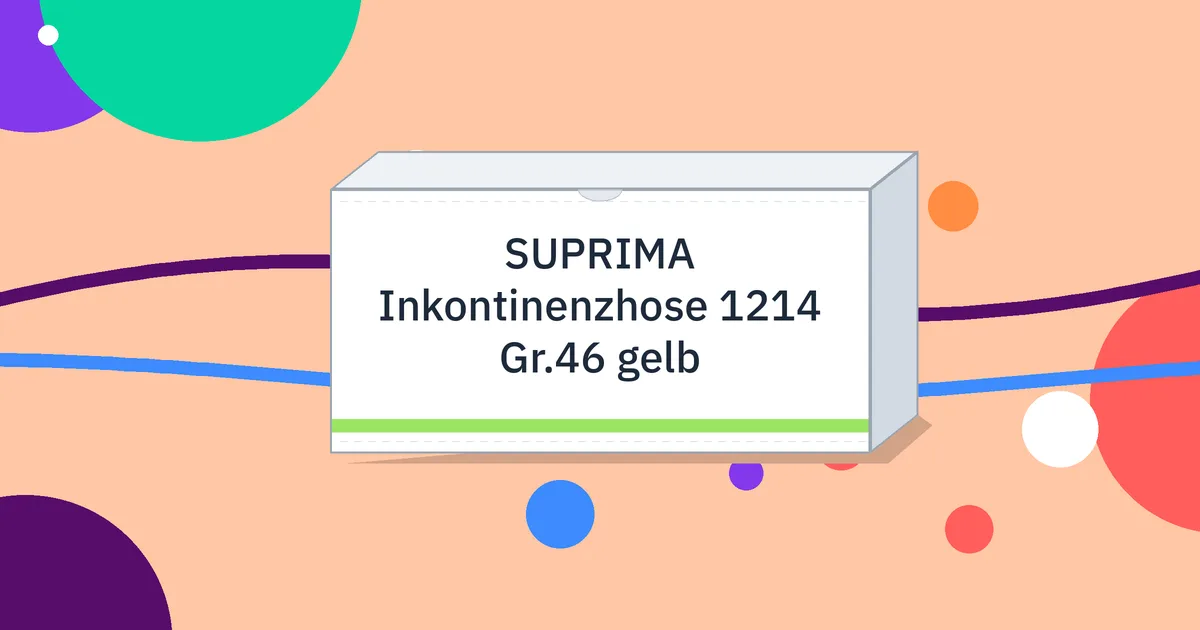 Symbolbild: Packung mit der Aufschrift SUPRIMA Inkontinenzhose 1214 Gr.46 gelb (PZN 02852121) – Verfügbarkeit und Bezug in Apotheken in Frankfurt am Main