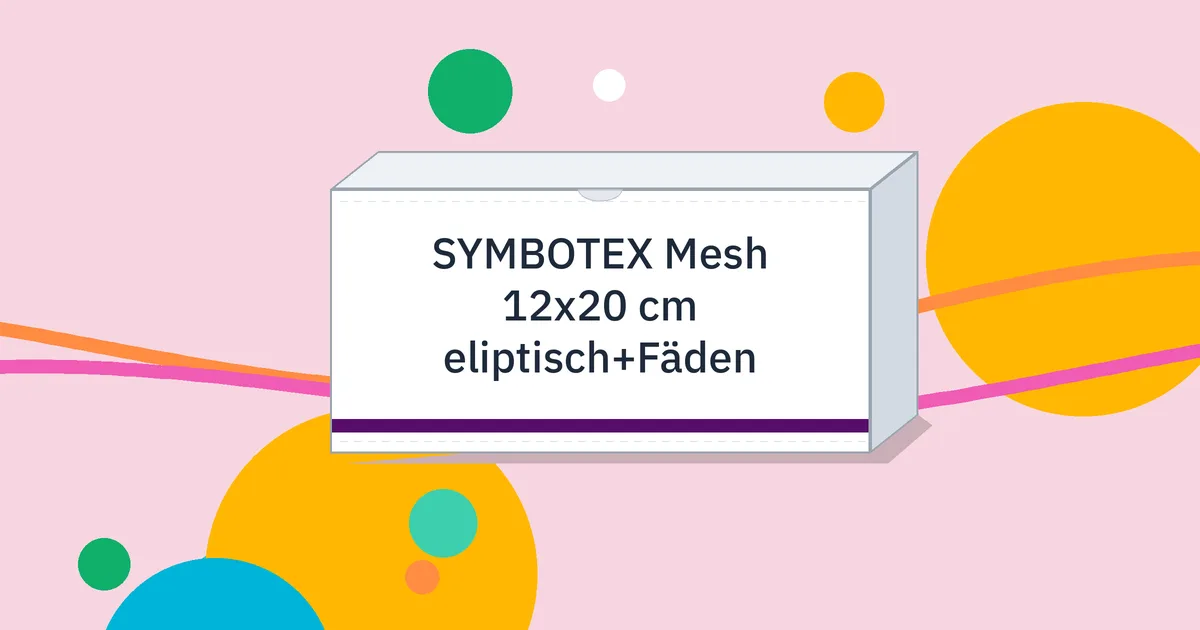 Symbolbild: Packung mit der Aufschrift SYMBOTEX Mesh 12x20 cm eliptisch+Fäden (PZN 10631121) – Verfügbarkeit und Bezug in Apotheken in Frankfurt am Main