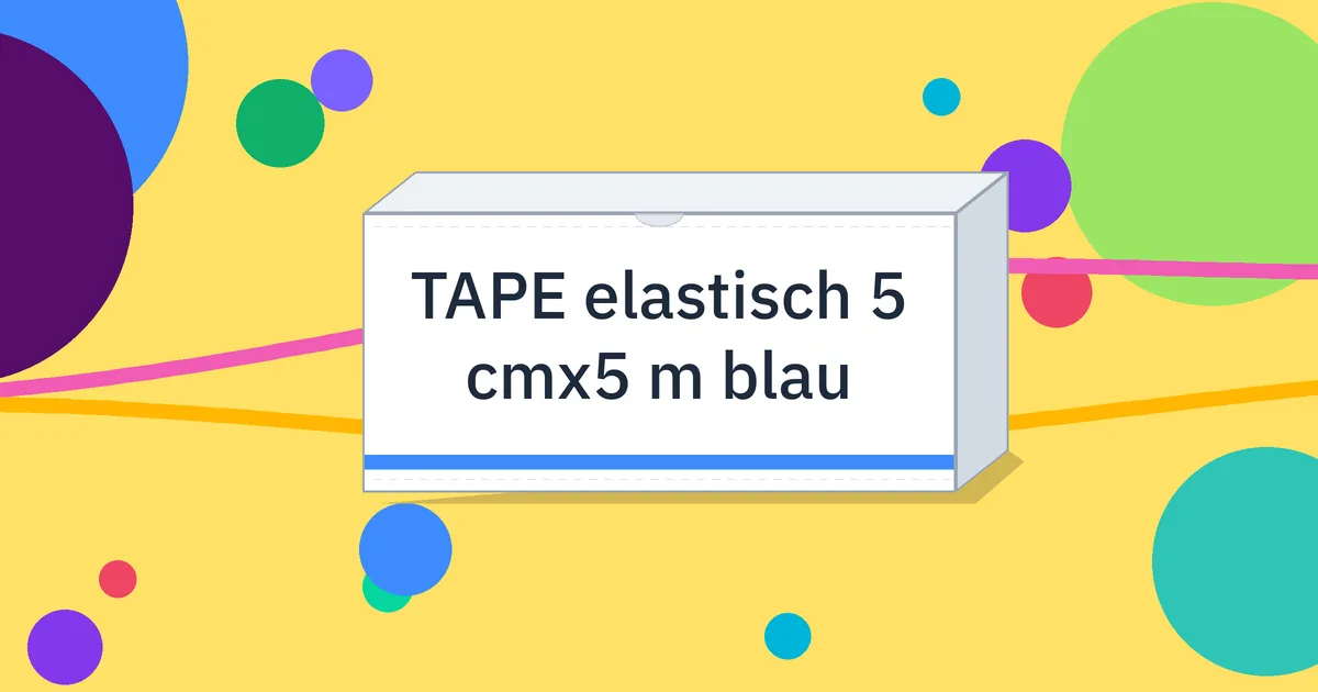 Symbolbild: Packung mit der Aufschrift TAPE elastisch 5 cmx5 m blau (PZN 09303682) – Verfügbarkeit und Bezug in Apotheken in Frankfurt am Main