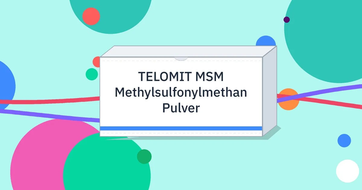 Symbolbild: Packung mit der Aufschrift TELOMIT MSM Methylsulfonylmethan Pulver (PZN 20020051) – Verfügbarkeit und Bezug in Apotheken in Frankfurt am Main