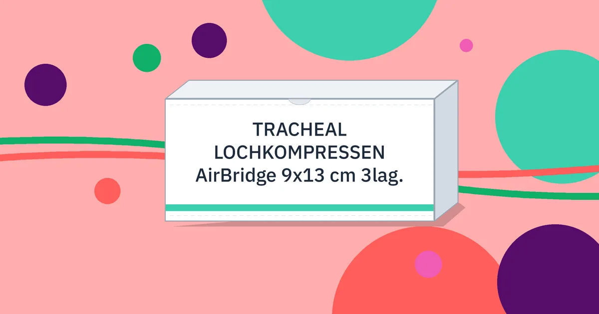 Symbolbild: Packung mit der Aufschrift TRACHEAL LOCHKOMPRESSEN AirBridge 9x13 cm 3lag. (PZN 07008743) – Verfügbarkeit und Bezug in Apotheken in Frankfurt am Main