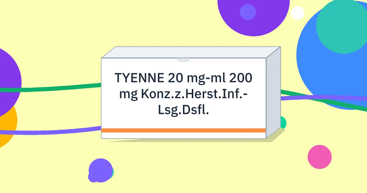Symbolbild: Packung mit der Aufschrift TYENNE 20 mg-ml 200 mg Konz.z.Herst.Inf.-Lsg.Dsfl. (PZN 19485448) – Verfügbarkeit und Bezug in Apotheken in Frankfurt am Main