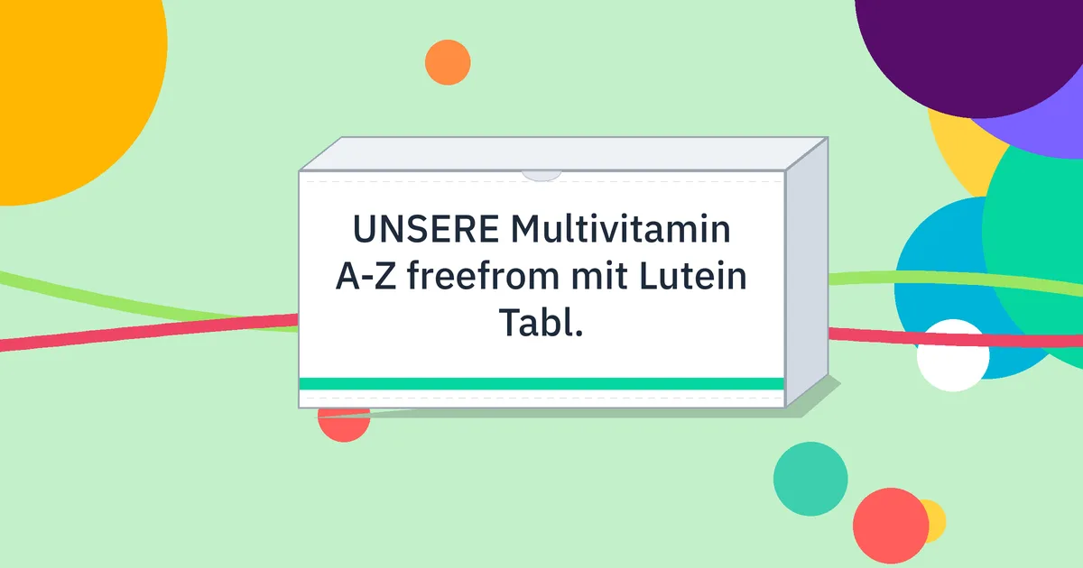 Symbolbild: Packung mit der Aufschrift UNSERE Multivitamin A-Z freefrom mit Lutein Tabl. (PZN 12899945) – Verfügbarkeit und Bezug in Apotheken in Frankfurt am Main