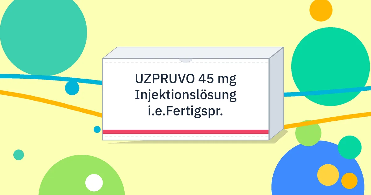 Symbolbild: Packung mit der Aufschrift UZPRUVO 45 mg Injektionslösung i.e.Fertigspr. (PZN 19555338) – Verfügbarkeit und Bezug in Apotheken in Frankfurt am Main