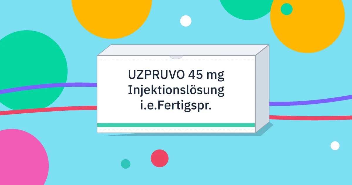 Symbolbild: Packung mit der Aufschrift UZPRUVO 45 mg Injektionslösung i.e.Fertigspr. (PZN 19847779) – Verfügbarkeit und Bezug in Apotheken in Frankfurt am Main