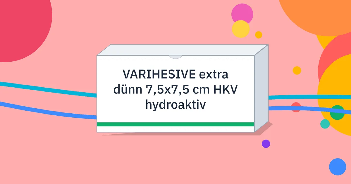 Symbolbild: Packung mit der Aufschrift VARIHESIVE extra dünn 7,5x7,5 cm HKV hydroaktiv (PZN 06996348) – Verfügbarkeit und Bezug in Apotheken in Frankfurt am Main