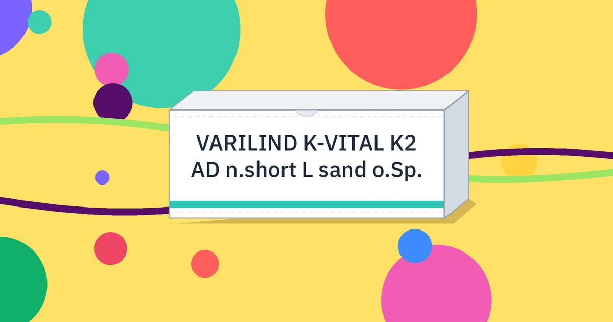 Symbolbild: Packung mit der Aufschrift VARILIND K-VITAL K2 AD n.short L sand o.Sp. (PZN 20567571) – Verfügbarkeit und Bezug in Apotheken in Frankfurt am Main