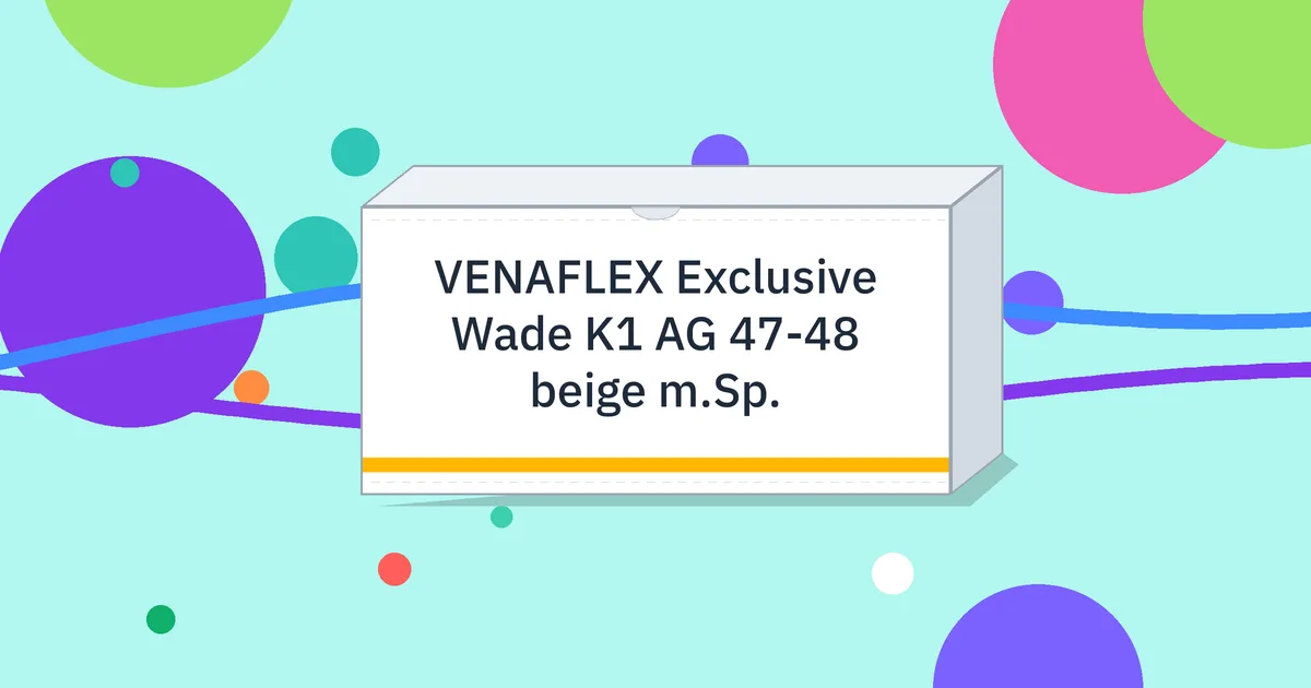 Symbolbild: Packung mit der Aufschrift VENAFLEX Exclusive Wade K1 AG 47-48 beige m.Sp. (PZN 18309206) – Verfügbarkeit und Bezug in Apotheken in Frankfurt am Main