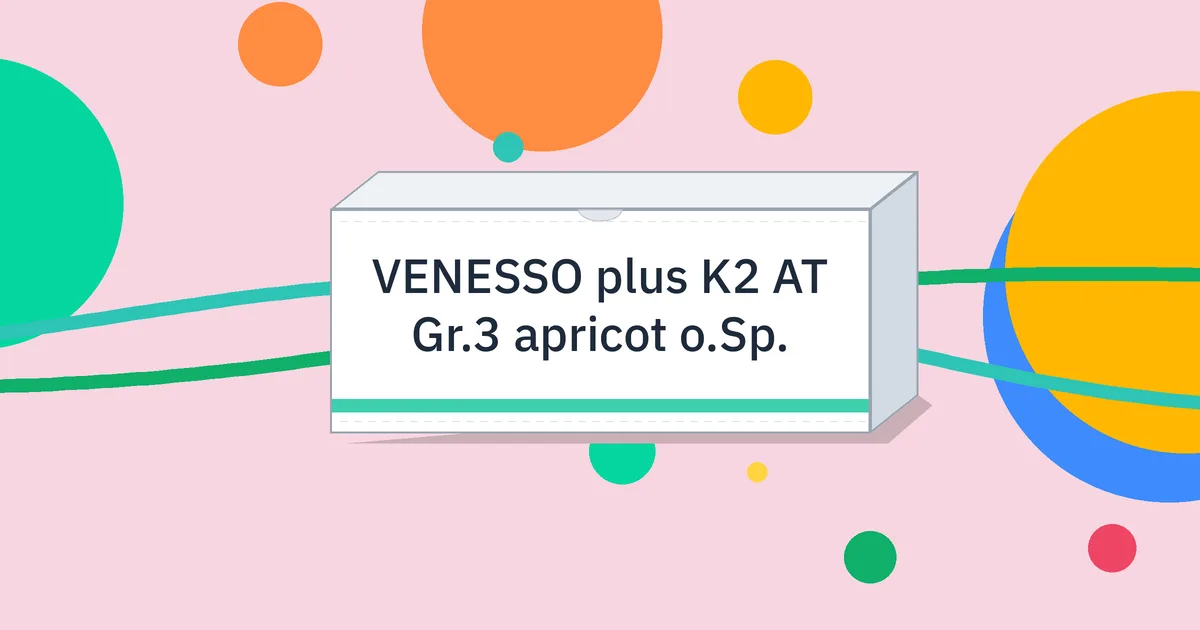 Symbolbild: Packung mit der Aufschrift VENESSO plus K2 AT Gr.3 apricot o.Sp. (PZN 03288289) – Verfügbarkeit und Bezug in Apotheken in Frankfurt am Main