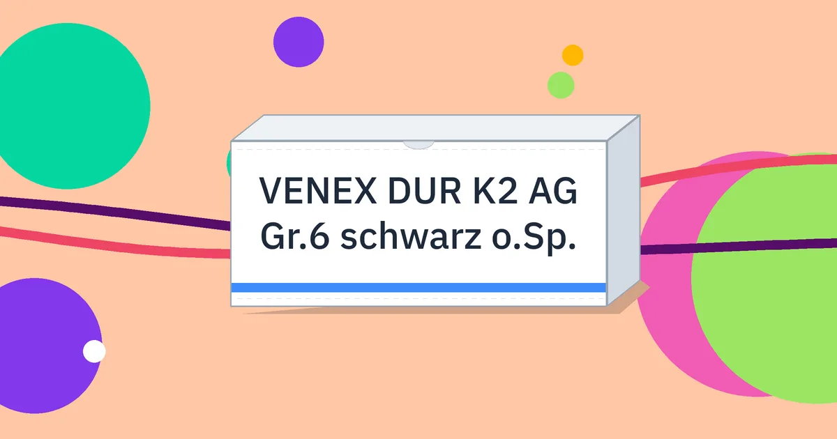Symbolbild: Packung mit der Aufschrift VENEX DUR K2 AG Gr.6 schwarz o.Sp. (PZN 03217668) – Verfügbarkeit und Bezug in Apotheken in Frankfurt am Main