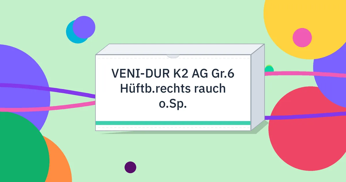 Symbolbild: Packung mit der Aufschrift VENI-DUR K2 AG Gr.6 Hüftb.rechts rauch o.Sp. (PZN 03253411) – Verfügbarkeit und Bezug in Apotheken in Frankfurt am Main