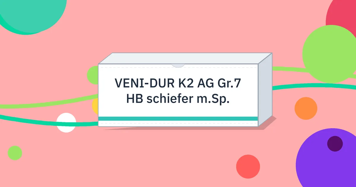 Symbolbild: Packung mit der Aufschrift VENI-DUR K2 AG Gr.7 HB schiefer m.Sp. (PZN 03244547) – Verfügbarkeit und Bezug in Apotheken in Frankfurt am Main