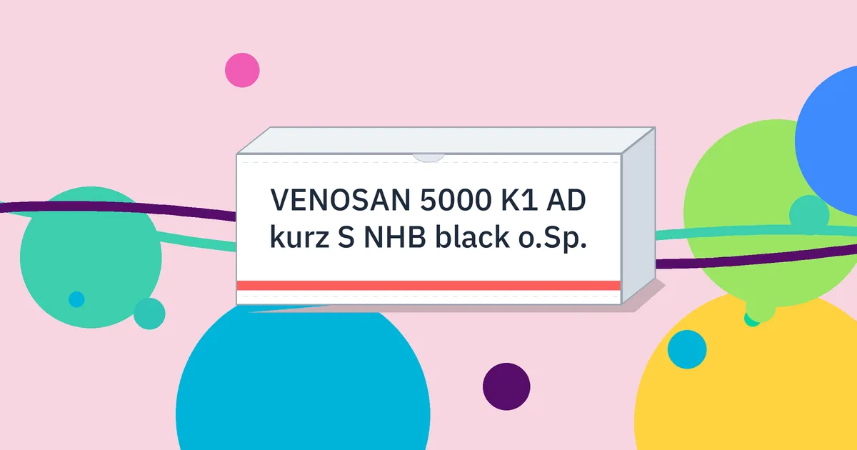 Symbolbild: Packung mit der Aufschrift VENOSAN 5000 K1 AD kurz S NHB black o.Sp. (PZN 14432660) – Verfügbarkeit und Bezug in Apotheken in Frankfurt am Main