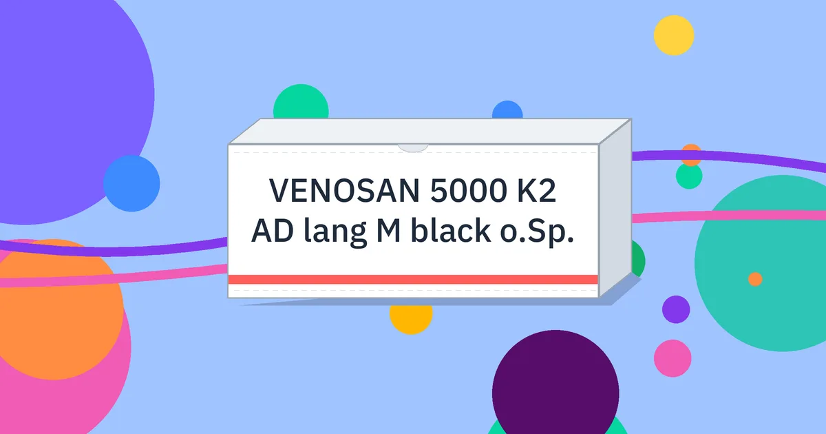 Symbolbild: Packung mit der Aufschrift VENOSAN 5000 K2 AD lang M black o.Sp. (PZN 14433062) – Verfügbarkeit und Bezug in Apotheken in Frankfurt am Main