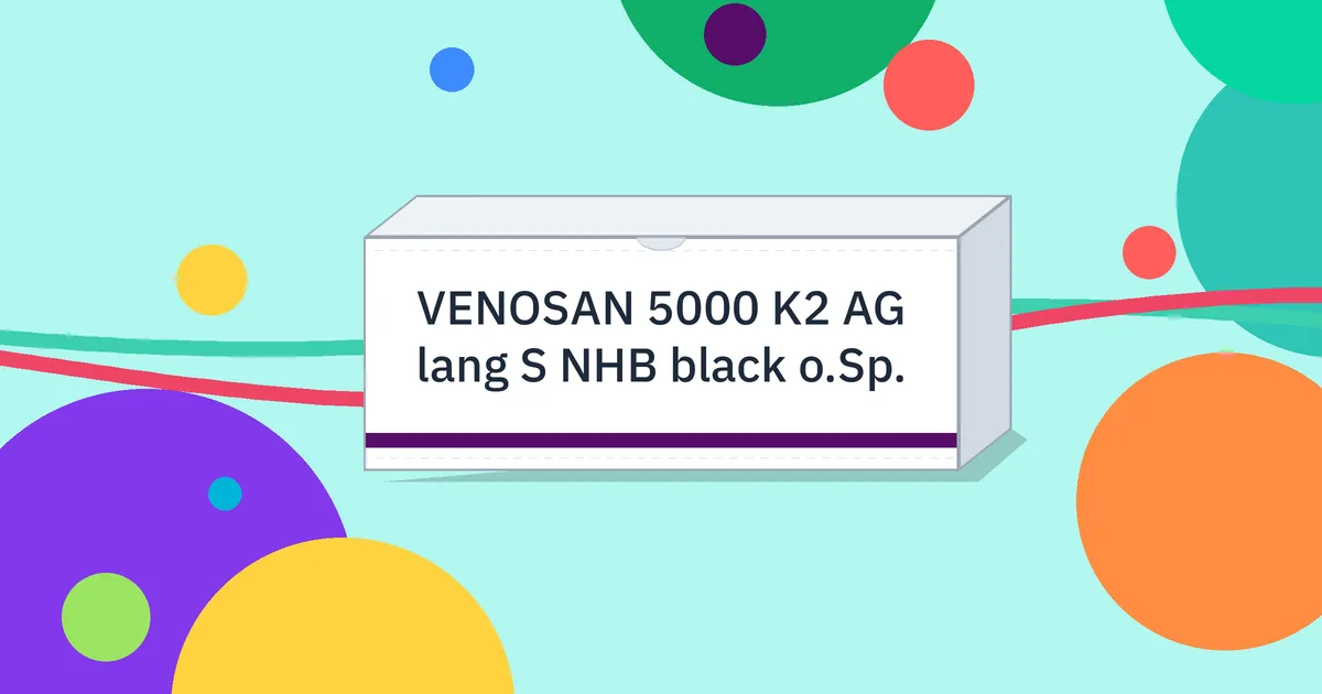 Symbolbild: Packung mit der Aufschrift VENOSAN 5000 K2 AG lang S NHB black o.Sp. (PZN 14433599) – Verfügbarkeit und Bezug in Apotheken in Frankfurt am Main