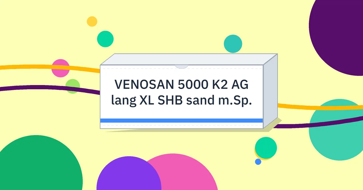 Symbolbild: Packung mit der Aufschrift VENOSAN 5000 K2 AG lang XL SHB sand m.Sp. (PZN 14428813) – Verfügbarkeit und Bezug in Apotheken in Frankfurt am Main