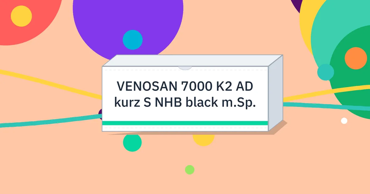 Symbolbild: Packung mit der Aufschrift VENOSAN 7000 K2 AD kurz S NHB black m.Sp. (PZN 14435859) – Verfügbarkeit und Bezug in Apotheken in Frankfurt am Main