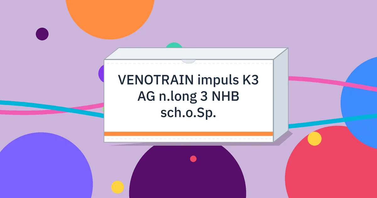 Symbolbild: Packung mit der Aufschrift VENOTRAIN impuls K3 AG n.long 3 NHB sch.o.Sp. (PZN 00539957) – Verfügbarkeit und Bezug in Apotheken in Frankfurt am Main