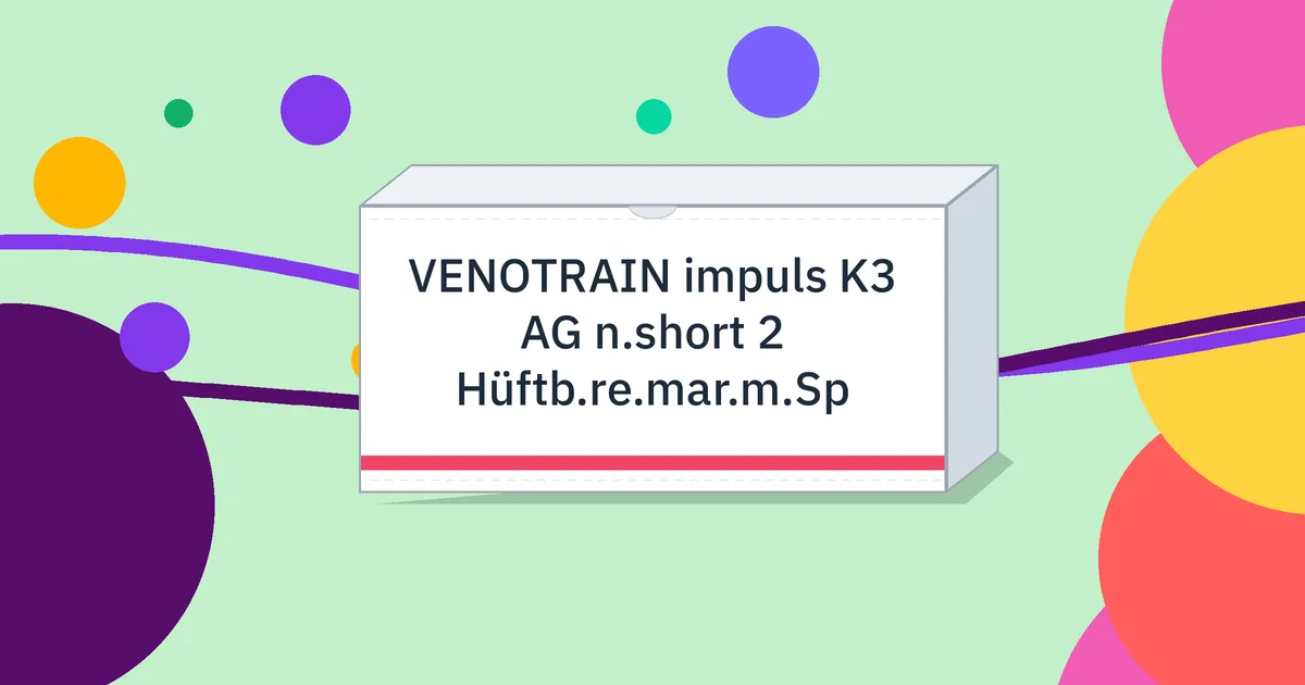 Symbolbild: Packung mit der Aufschrift VENOTRAIN impuls K3 AG n.short 2 Hüftb.re.mar.m.Sp (PZN 15217538) – Verfügbarkeit und Bezug in Apotheken in Frankfurt am Main