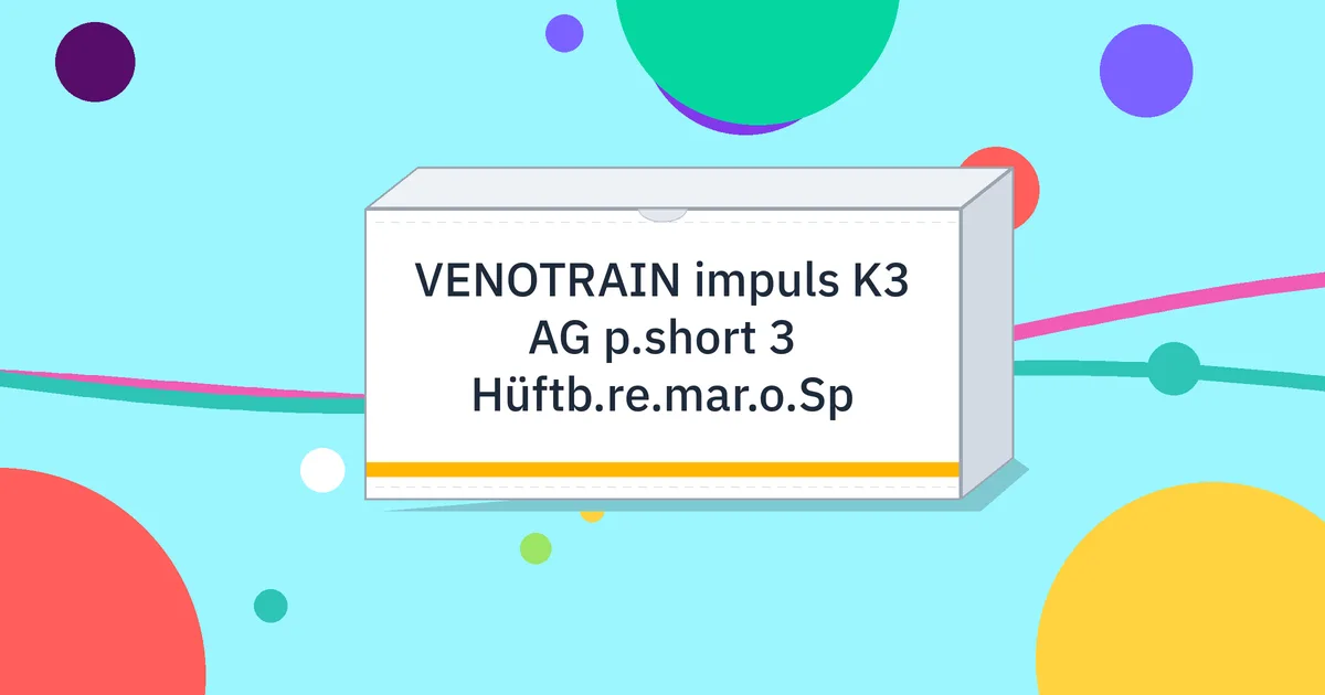Symbolbild: Packung mit der Aufschrift VENOTRAIN impuls K3 AG p.short 3 Hüftb.re.mar.o.Sp (PZN 15217975) – Verfügbarkeit und Bezug in Apotheken in Frankfurt am Main