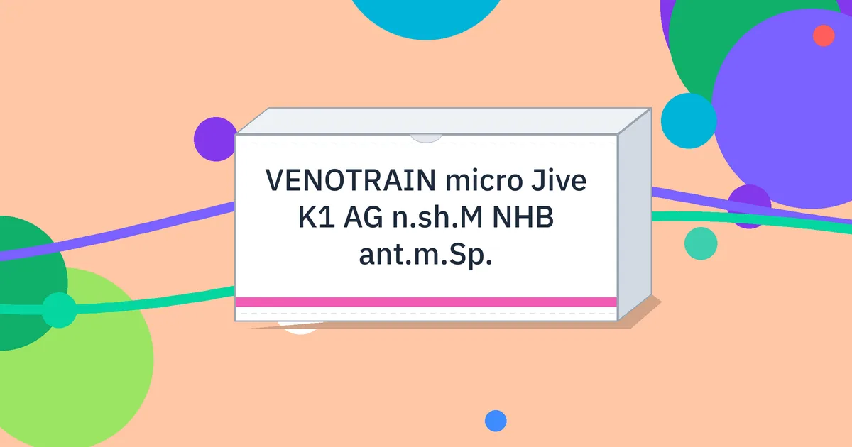 Symbolbild: Packung mit der Aufschrift VENOTRAIN micro Jive K1 AG n.sh.M NHB ant.m.Sp. (PZN 17766462) – Verfügbarkeit und Bezug in Apotheken in Frankfurt am Main
