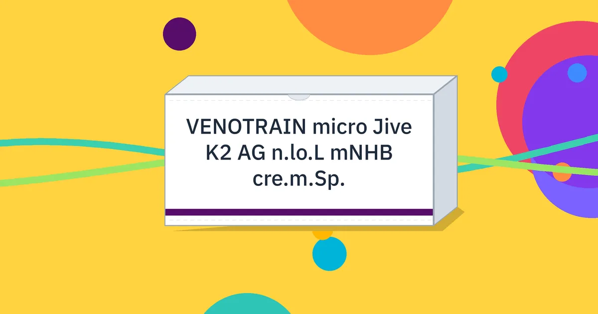 Symbolbild: Packung mit der Aufschrift VENOTRAIN micro Jive K2 AG n.lo.L mNHB cre.m.Sp. (PZN 17758072) – Verfügbarkeit und Bezug in Apotheken in Frankfurt am Main