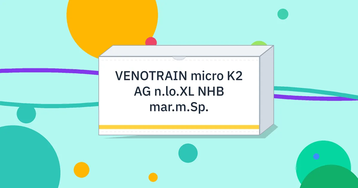 Symbolbild: Packung mit der Aufschrift VENOTRAIN micro K2 AG n.lo.XL NHB mar.m.Sp. (PZN 06699337) – Verfügbarkeit und Bezug in Apotheken in Frankfurt am Main