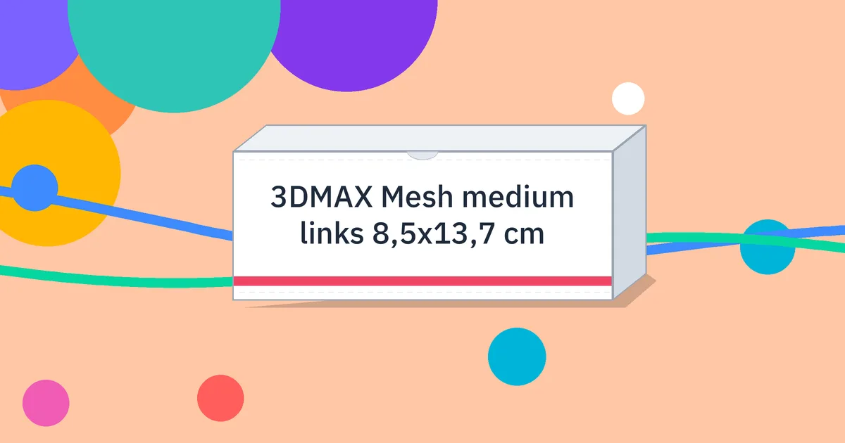 Symbolbild: Packung mit der Aufschrift 3DMAX Mesh medium links 8,5x13,7 cm (PZN 03750380) – Verfügbarkeit und Bezug in Apotheken in Frankfurt am Main