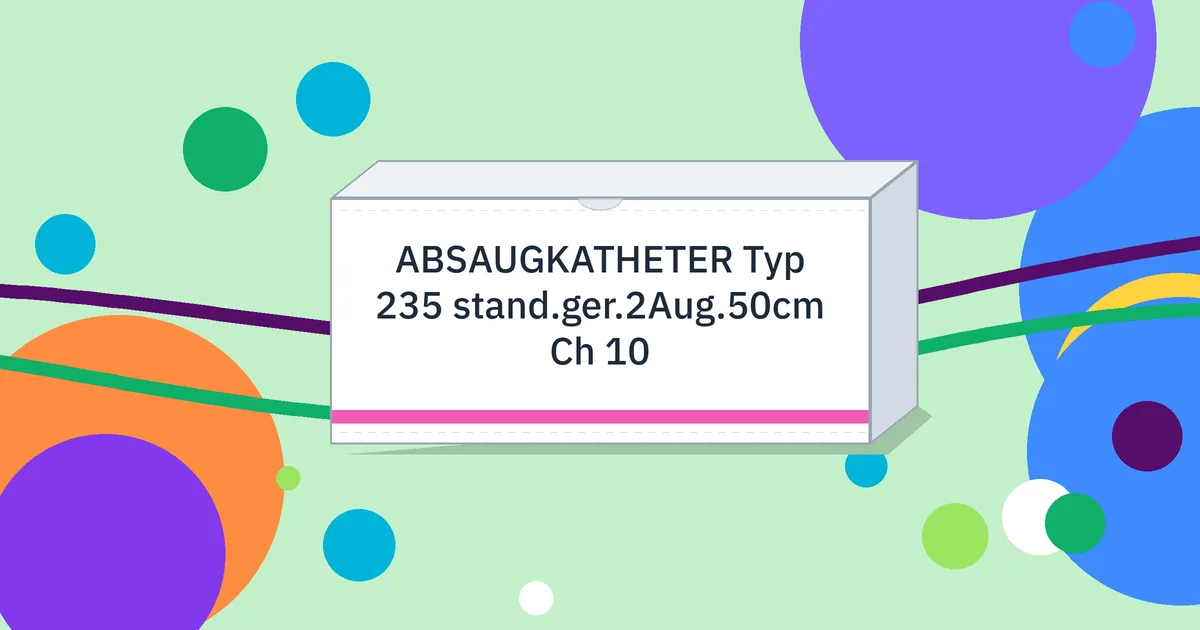 Symbolbild: Packung mit der Aufschrift ABSAUGKATHETER Typ 235 stand.ger.2Aug.50cm Ch 10 (PZN 16598956) – Verfügbarkeit und Bezug in Apotheken in Frankfurt am Main