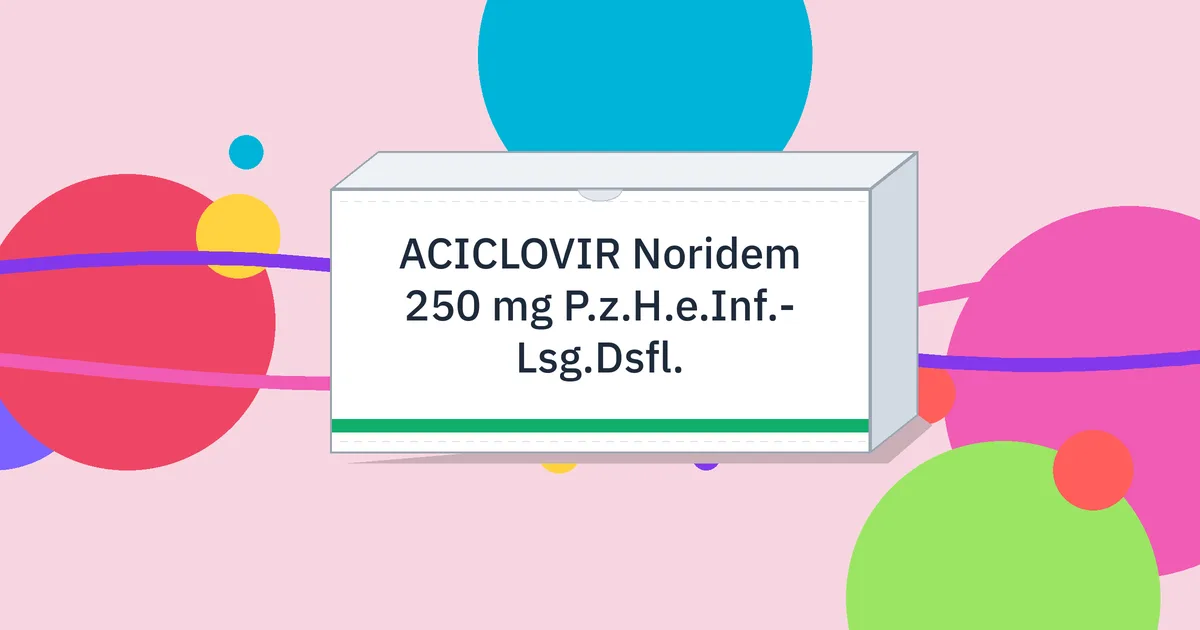Symbolbild: Packung mit der Aufschrift ACICLOVIR Noridem 250 mg P.z.H.e.Inf.-Lsg.Dsfl. (PZN 18725040) – Verfügbarkeit und Bezug in Apotheken in Frankfurt am Main