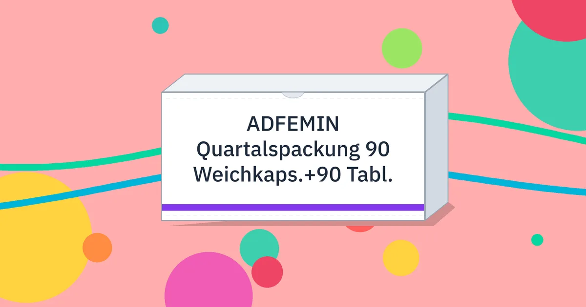 Symbolbild: Packung mit der Aufschrift ADFEMIN Quartalspackung 90 Weichkaps.+90 Tabl. (PZN 17844245) – Verfügbarkeit und Bezug in Apotheken in Frankfurt am Main