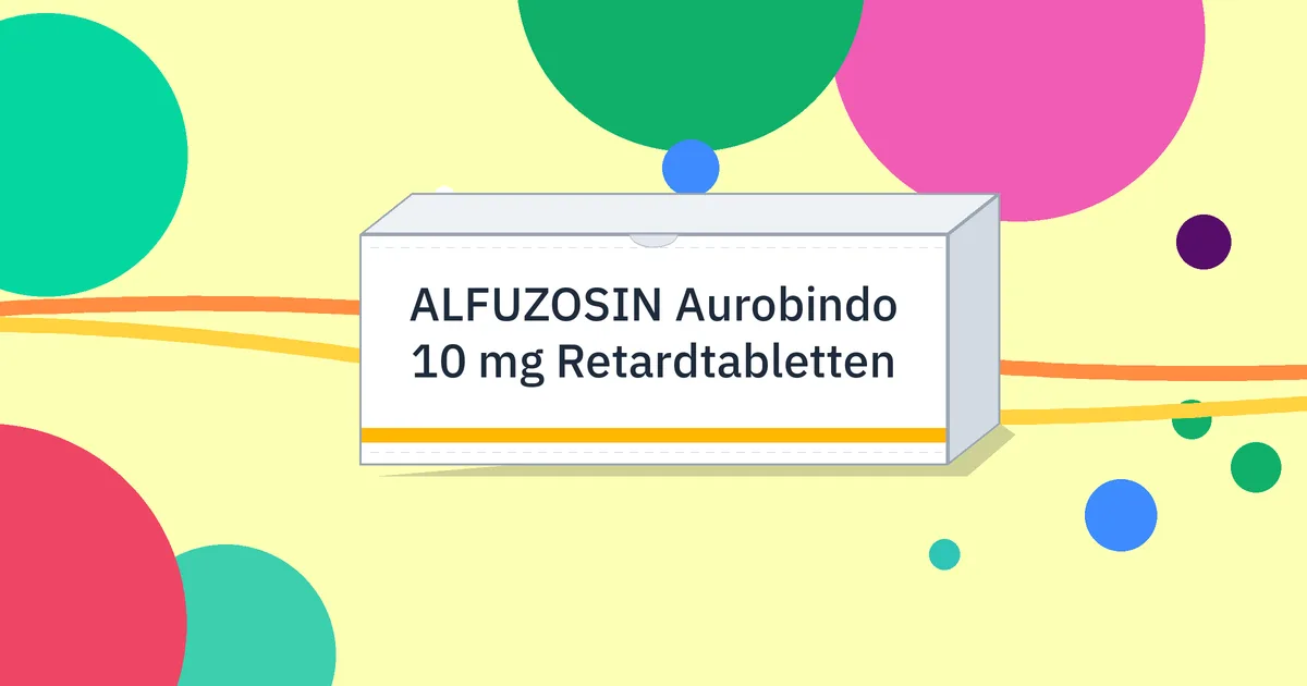 Symbolbild: Packung mit der Aufschrift ALFUZOSIN Aurobindo 10 mg Retardtabletten (PZN 10854766) – Verfügbarkeit und Bezug in Apotheken in Frankfurt am Main
