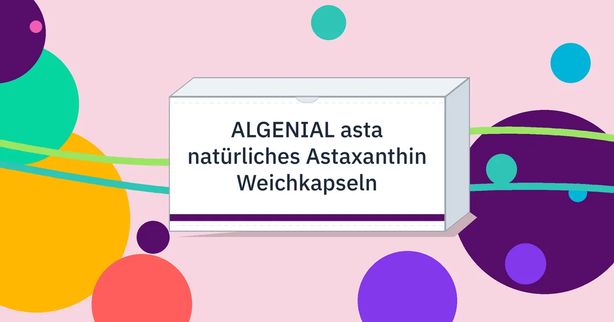 Symbolbild: Packung mit der Aufschrift ALGENIAL asta natürliches Astaxanthin Weichkapseln (PZN 18852904) – Verfügbarkeit und Bezug in Apotheken in Frankfurt am Main