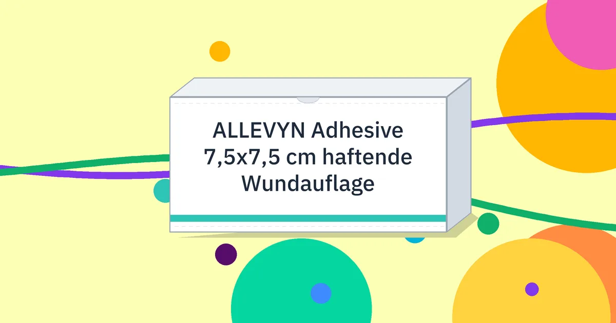 Symbolbild: Packung mit der Aufschrift ALLEVYN Adhesive 7,5x7,5 cm haftende Wundauflage (PZN 16164241) – Verfügbarkeit und Bezug in Apotheken in Frankfurt am Main