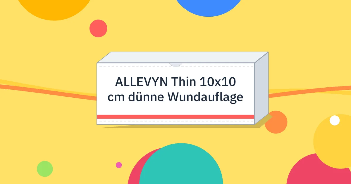 Symbolbild: Packung mit der Aufschrift ALLEVYN Thin 10x10 cm dünne Wundauflage (PZN 01131276) – Verfügbarkeit und Bezug in Apotheken in Frankfurt am Main