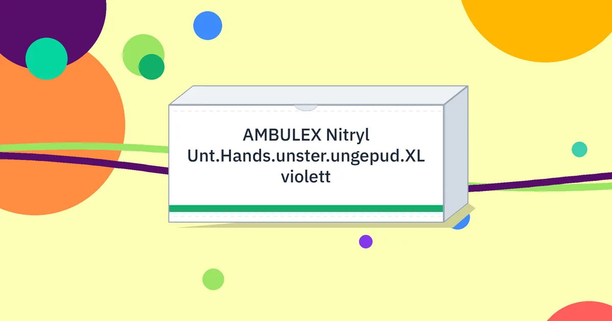 Symbolbild: Packung mit der Aufschrift AMBULEX Nitryl Unt.Hands.unster.ungepud.XL violett (PZN 17879172) – Verfügbarkeit und Bezug in Apotheken in Frankfurt am Main