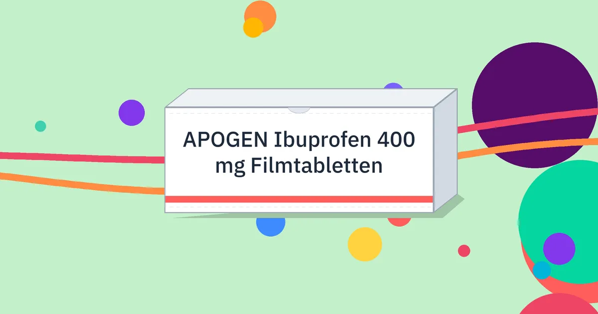 Symbolbild: Packung mit der Aufschrift APOGEN Ibuprofen 400 mg Filmtabletten (PZN 18668135) – Verfügbarkeit und Bezug in Apotheken in Frankfurt am Main