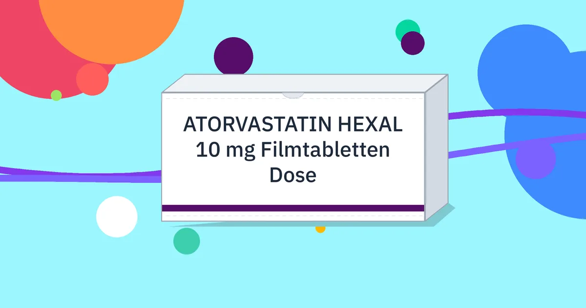 Symbolbild: Packung mit der Aufschrift ATORVASTATIN HEXAL 10 mg Filmtabletten Dose (PZN 17607083) – Verfügbarkeit und Bezug in Apotheken in Frankfurt am Main