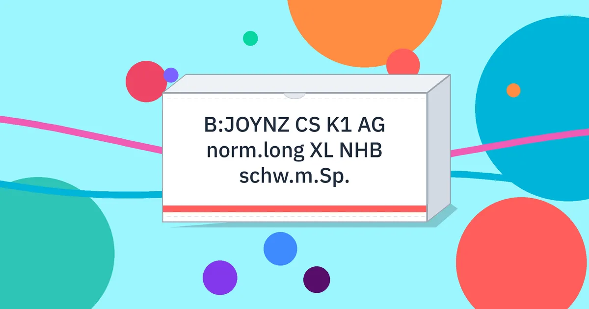 Symbolbild: Packung mit der Aufschrift B:JOYNZ CS K1 AG norm.long XL NHB schw.m.Sp. (PZN 20534100) – Verfügbarkeit und Bezug in Apotheken in Frankfurt am Main
