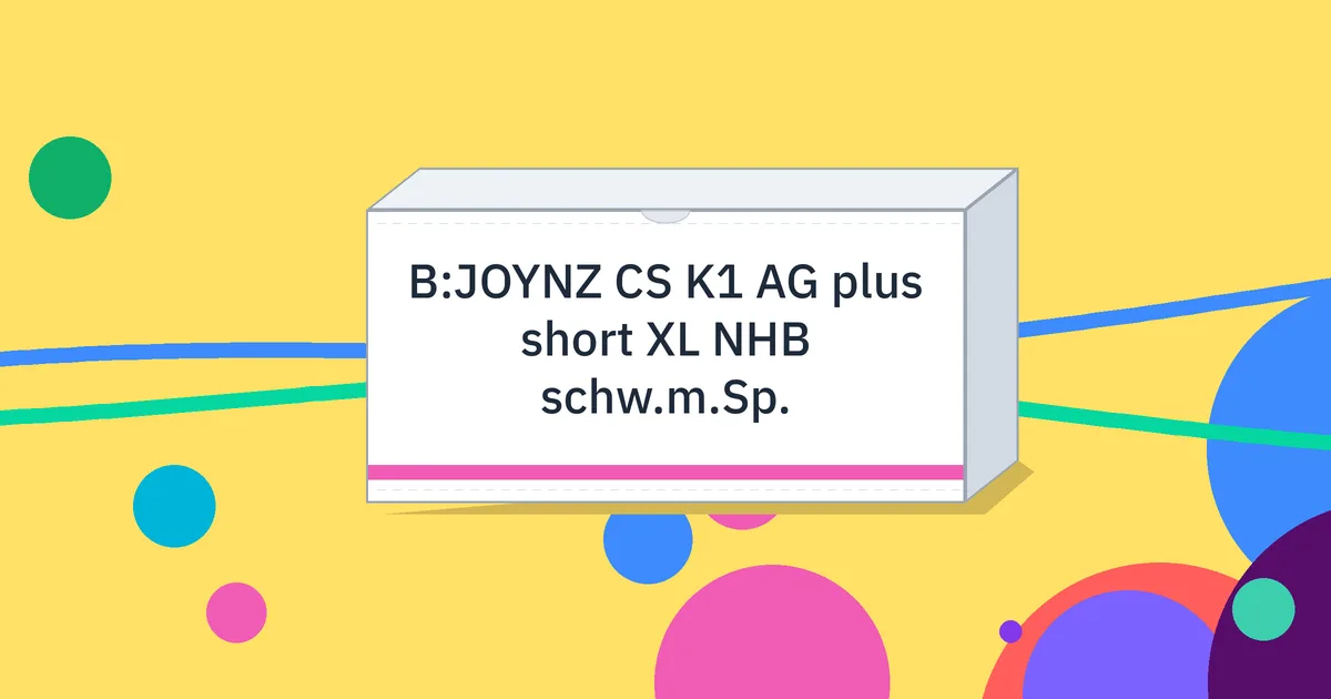 Symbolbild: Packung mit der Aufschrift B:JOYNZ CS K1 AG plus short XL NHB schw.m.Sp. (PZN 20531001) – Verfügbarkeit und Bezug in Apotheken in Frankfurt am Main