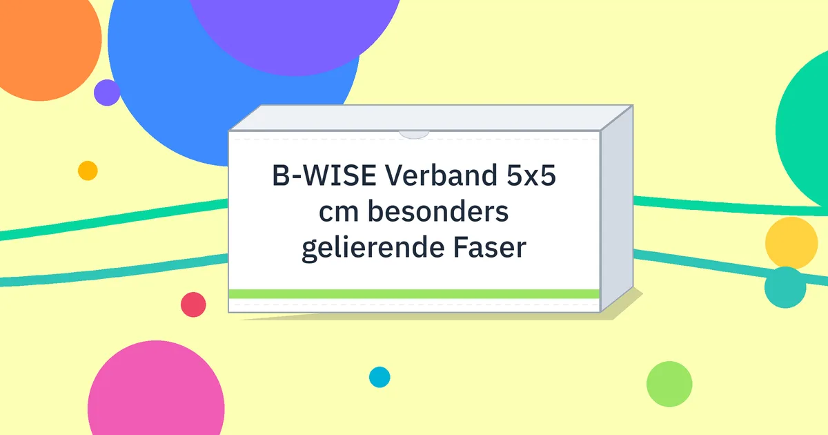 Symbolbild: Packung mit der Aufschrift B-WISE Verband 5x5 cm besonders gelierende Faser (PZN 19730586) – Verfügbarkeit und Bezug in Apotheken in Frankfurt am Main