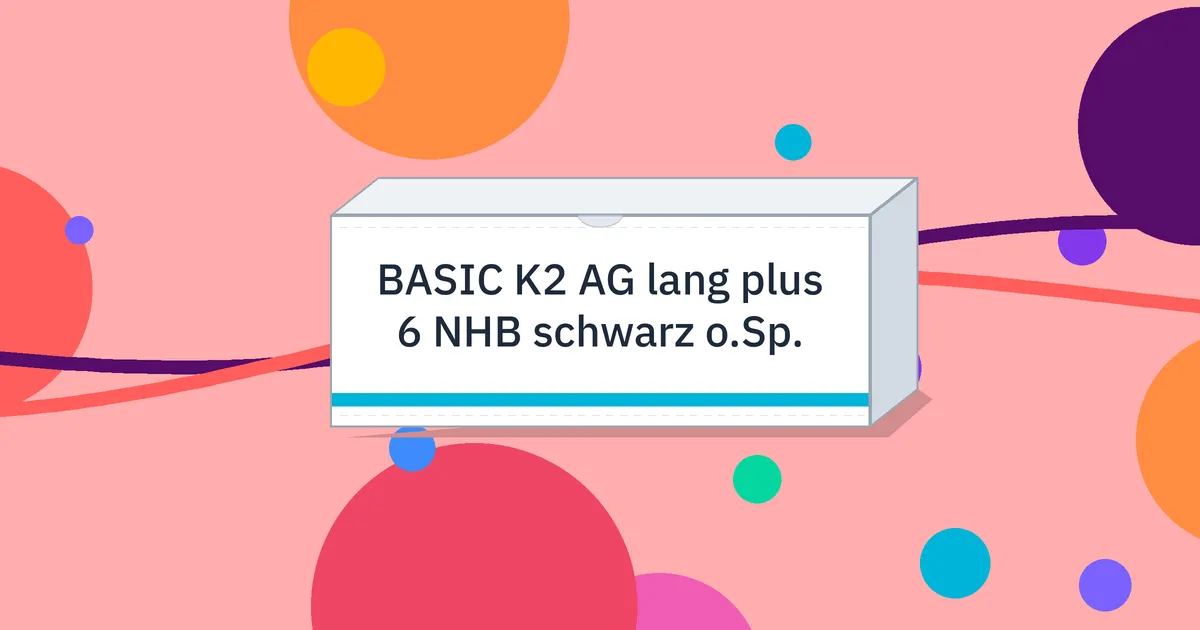 Symbolbild: Packung mit der Aufschrift BASIC K2 AG lang plus 6 NHB schwarz o.Sp. (PZN 20268302) – Verfügbarkeit und Bezug in Apotheken in Frankfurt am Main