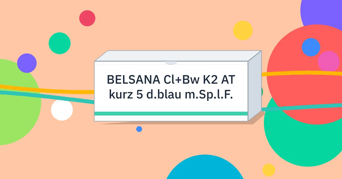 Symbolbild: Packung mit der Aufschrift BELSANA Cl+Bw K2 AT kurz 5 d.blau m.Sp.l.F. (PZN 15628023) – Verfügbarkeit und Bezug in Apotheken in Frankfurt am Main