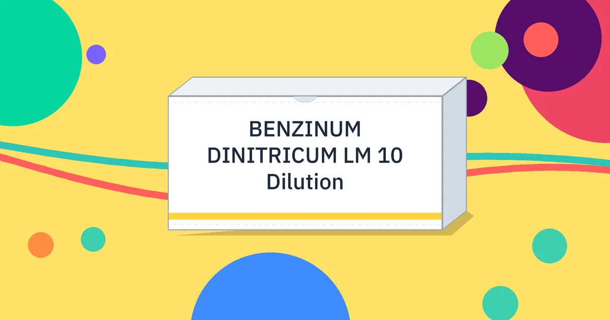 Symbolbild: Packung mit der Aufschrift BENZINUM DINITRICUM LM 10 Dilution (PZN 13382150) – Verfügbarkeit und Bezug in Apotheken in Frankfurt am Main