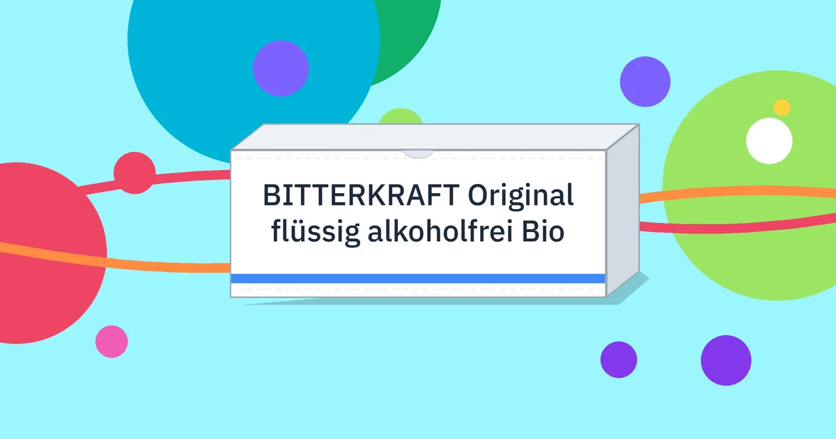 Symbolbild: Packung mit der Aufschrift BITTERKRAFT Original flüssig alkoholfrei Bio (PZN 19726797) – Verfügbarkeit und Bezug in Apotheken in Frankfurt am Main