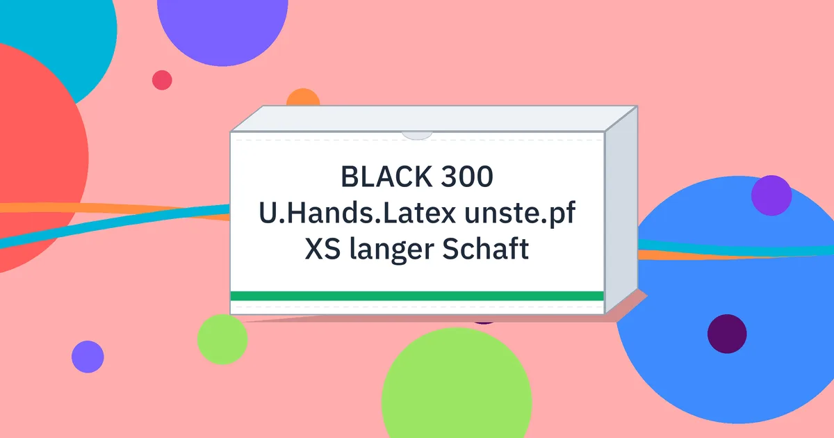 Symbolbild: Packung mit der Aufschrift BLACK 300 U.Hands.Latex unste.pf XS langer Schaft (PZN 18471817) – Verfügbarkeit und Bezug in Apotheken in Frankfurt am Main